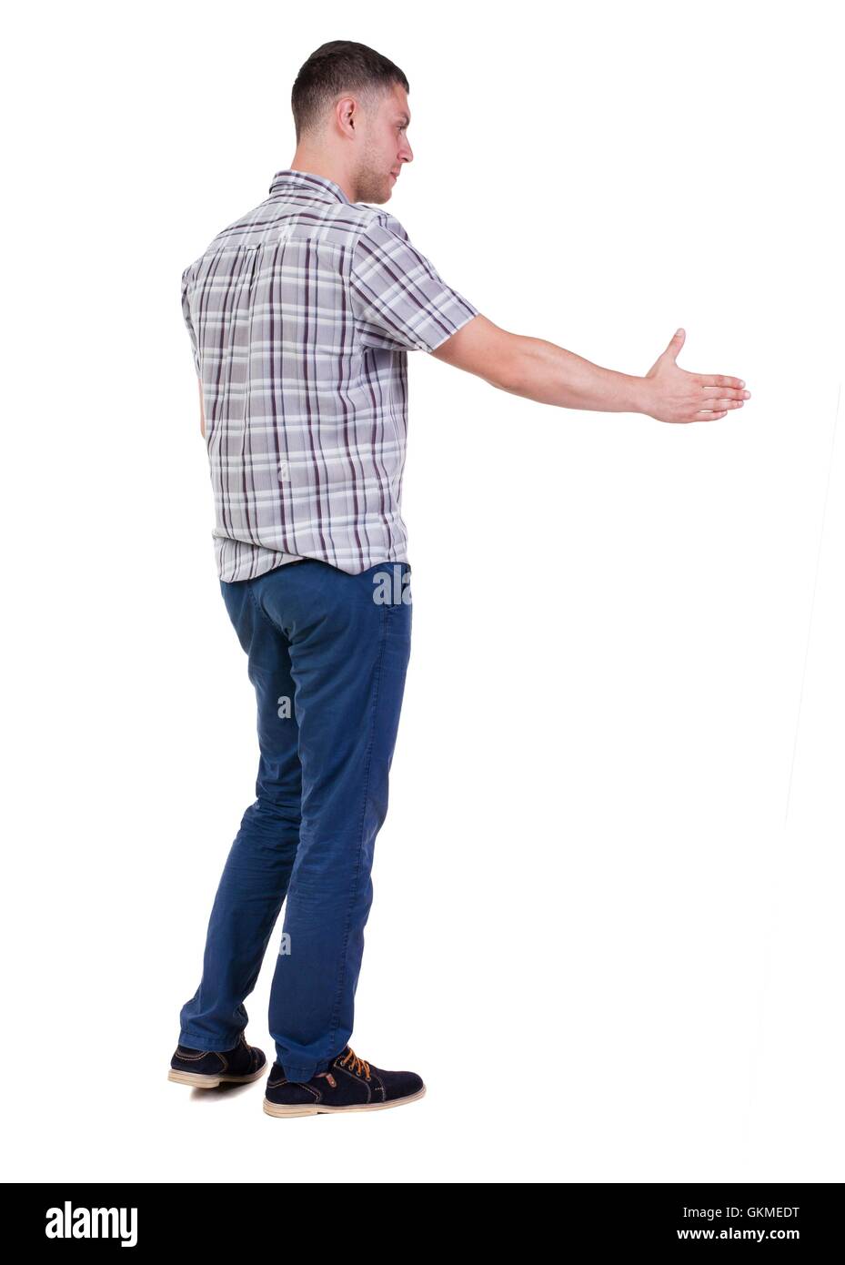 Back side view of man in shirt handshake Stock Photo - Alamy