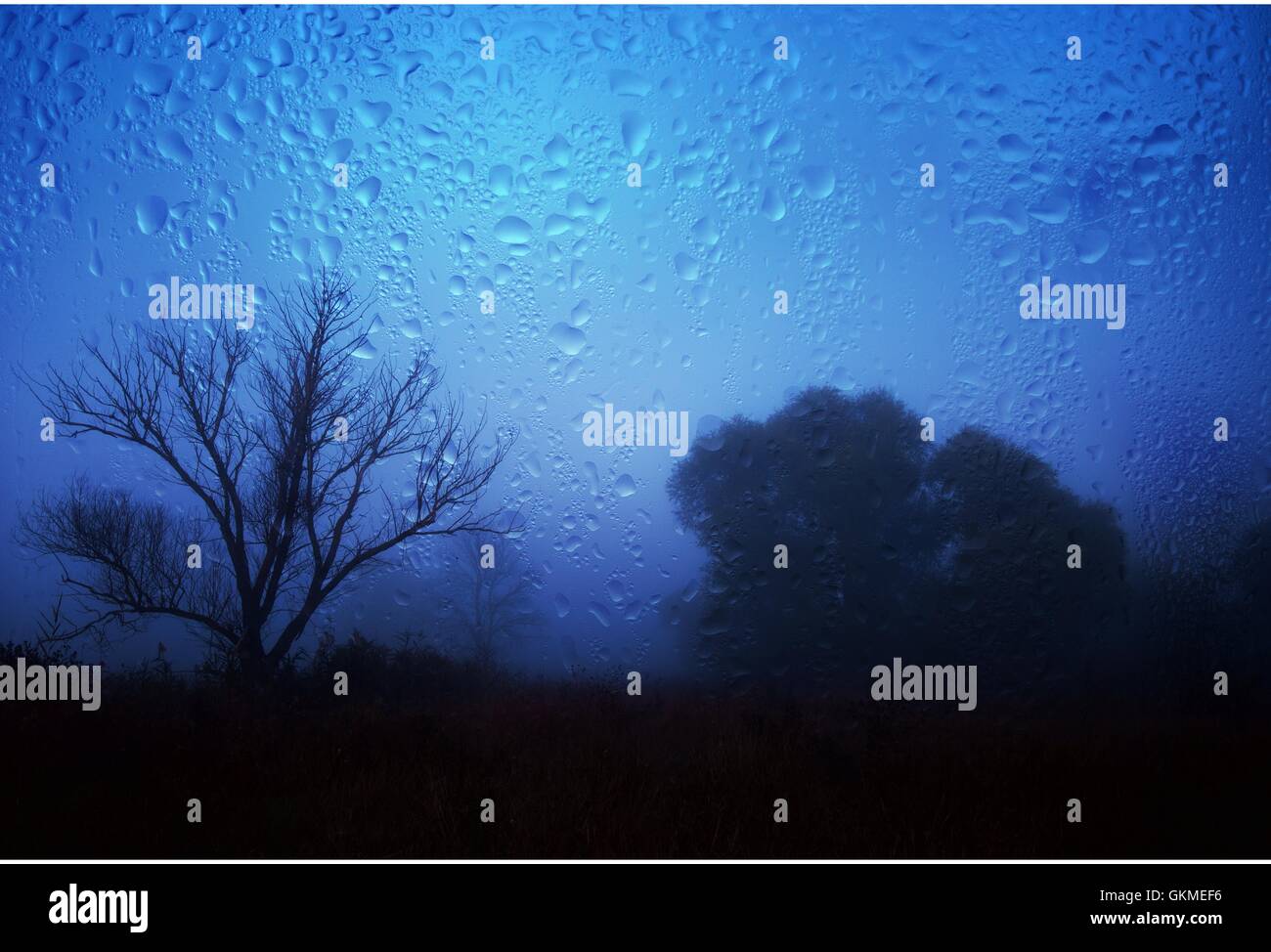 Rainy autumn landscape through a window with raindrops Stock Photo - Alamy