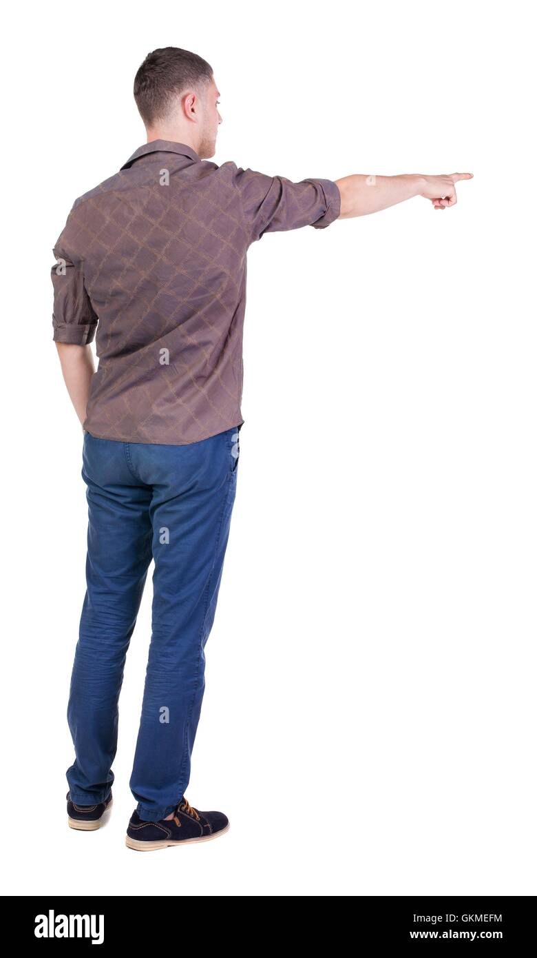 Back view of pointing young men in shirt and jeans Stock Photo - Alamy