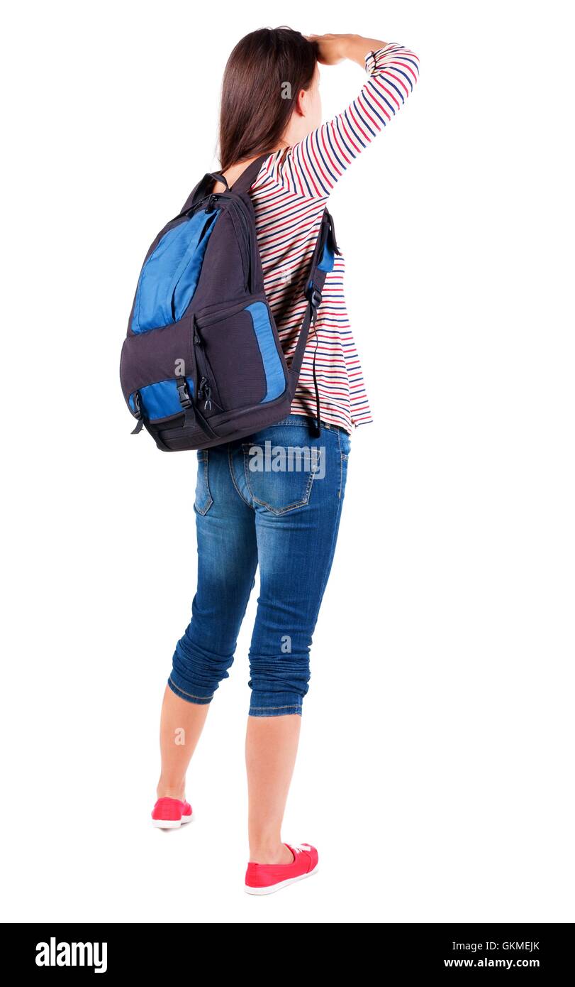 back view of standing young beautiful brunette woman with backp Stock ...