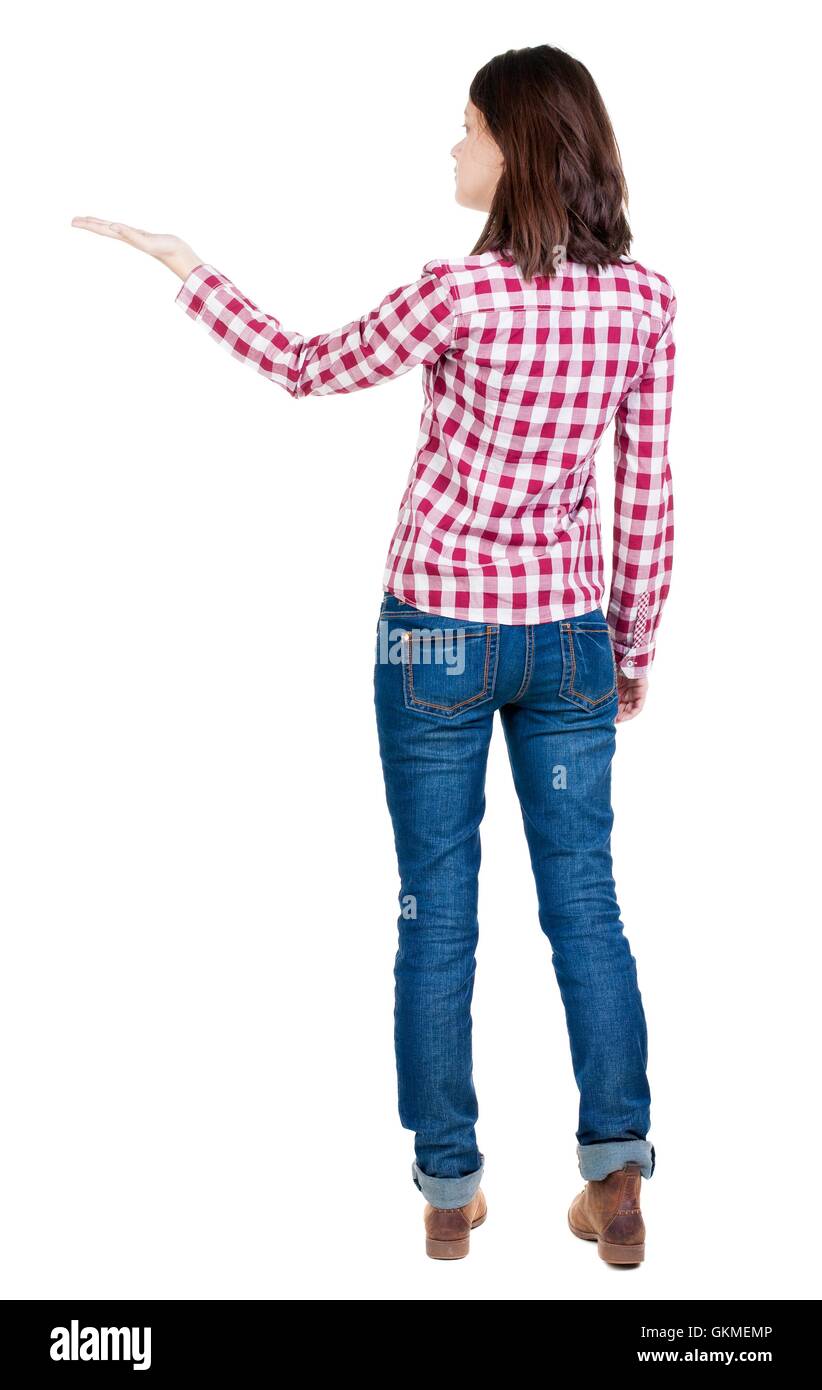 Back view of Beautiful woman in in sandals holds hand up Stock Photo ...