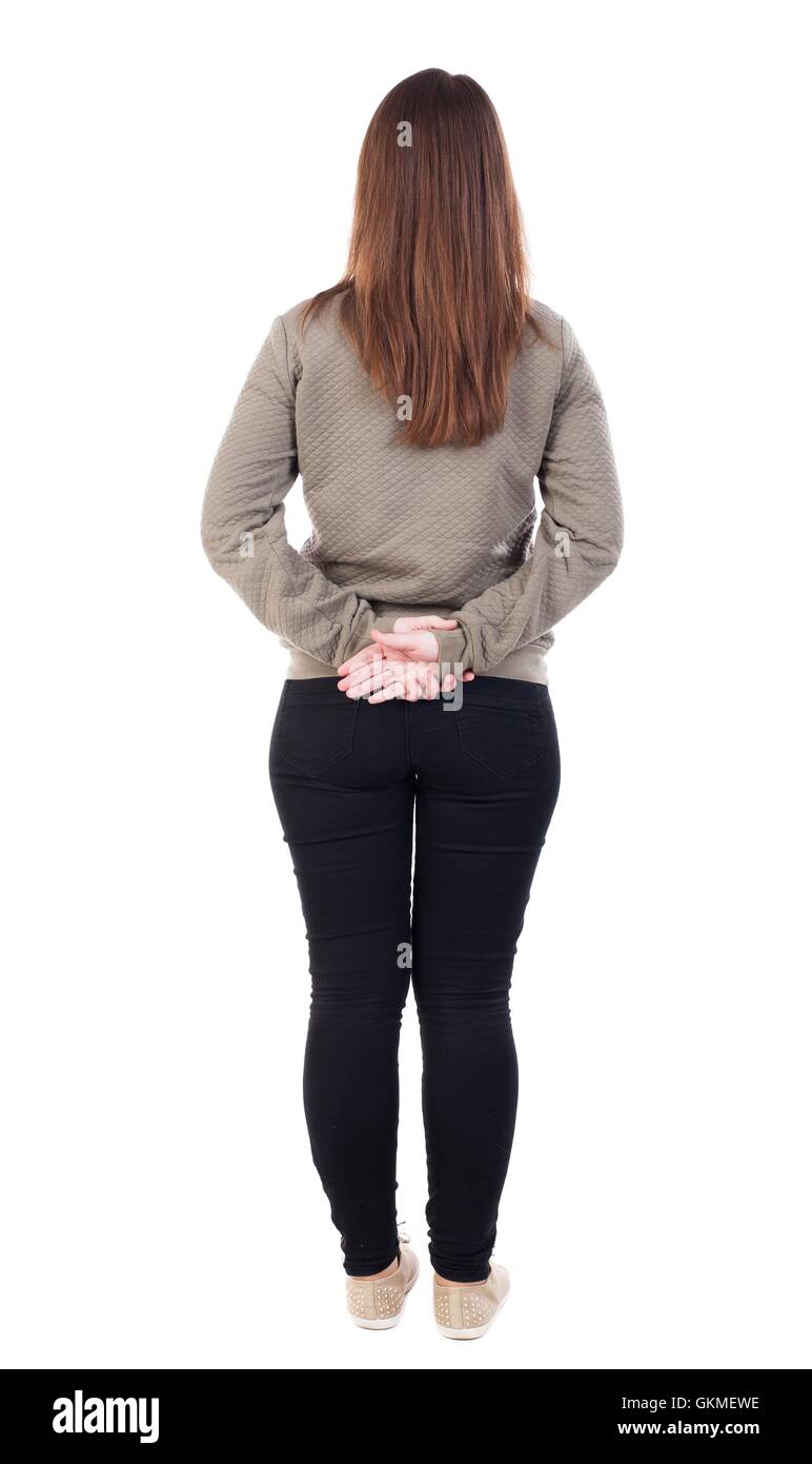 back view of standing young beautiful woman in jeans Stock Photo - Alamy