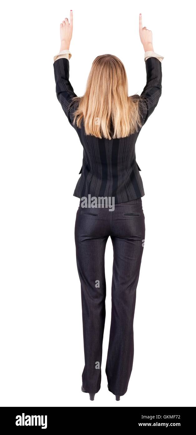 Back view of young blonde business woman pointing Stock Photo - Alamy