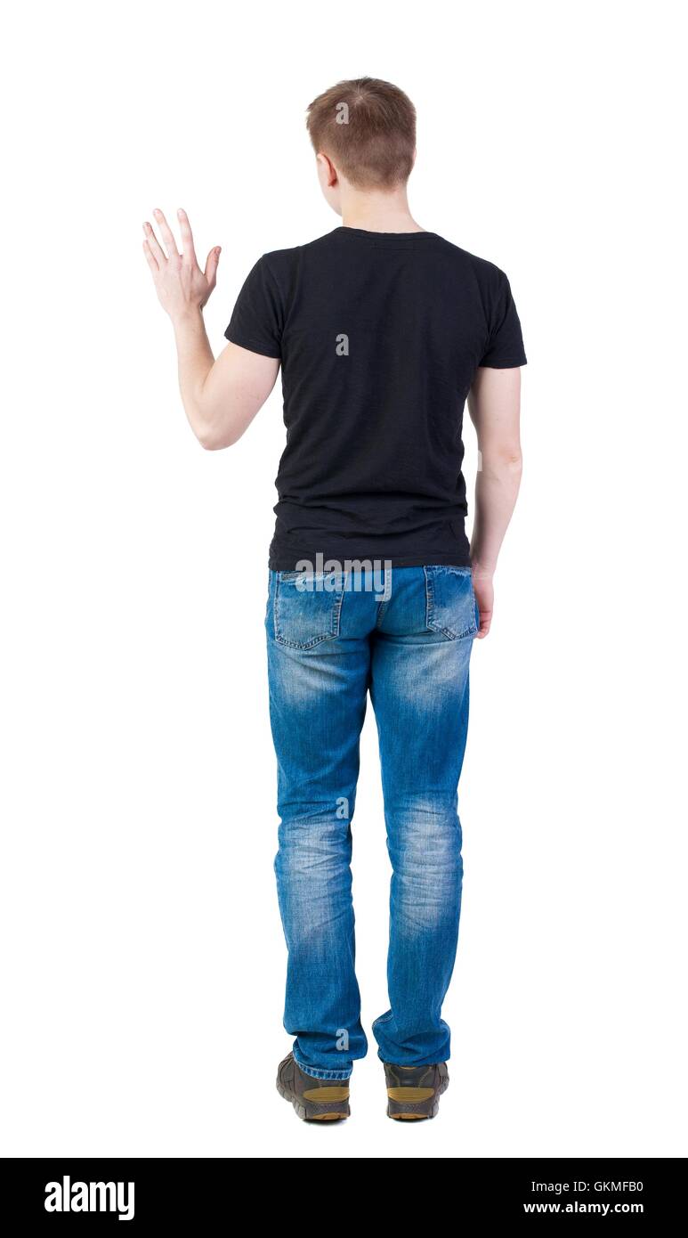 Back view of handsome man in t-shirt greeting waving from his h Stock ...
