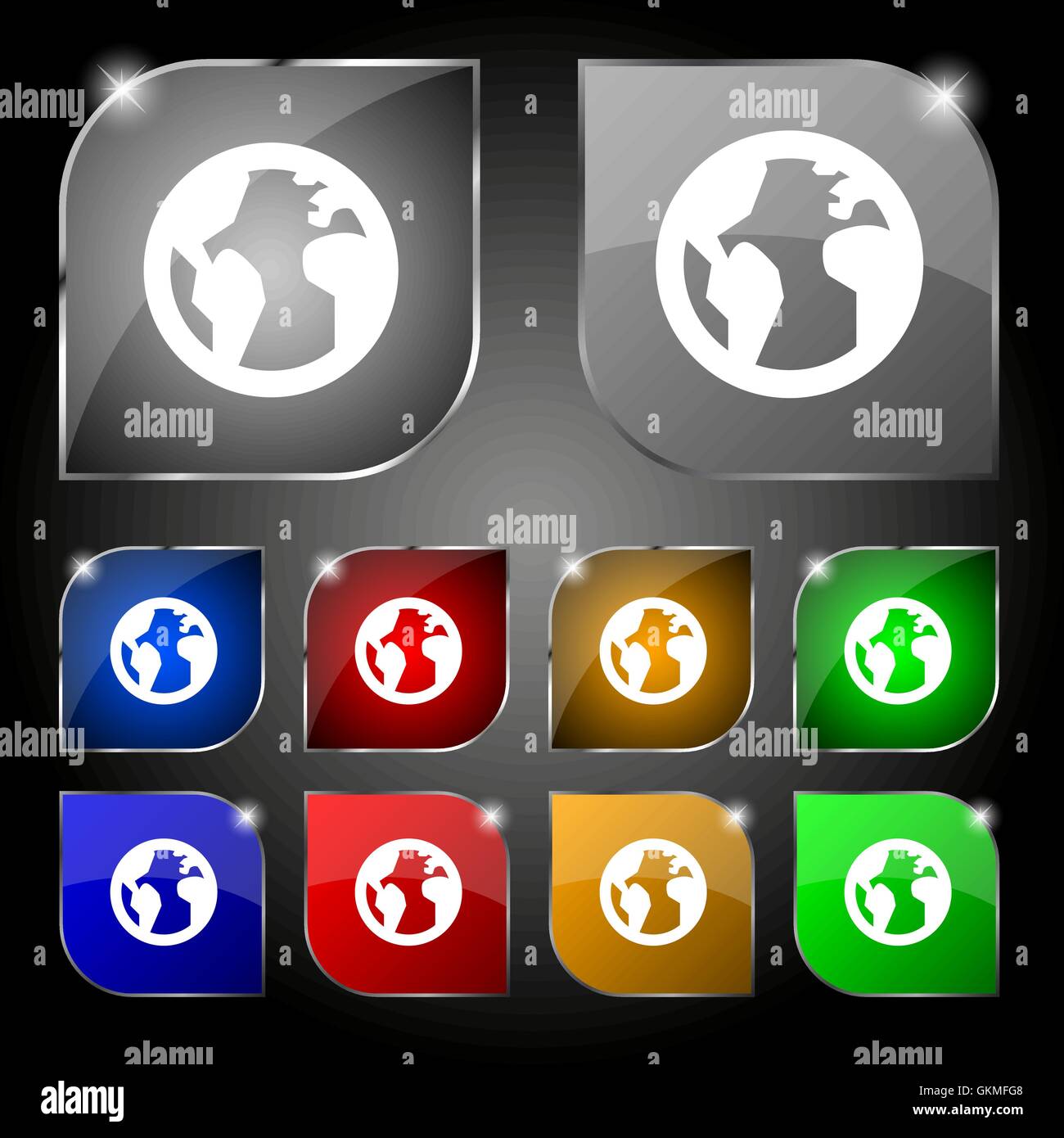 Globe, World map geography icon sign. Set of ten colorful buttons with ...