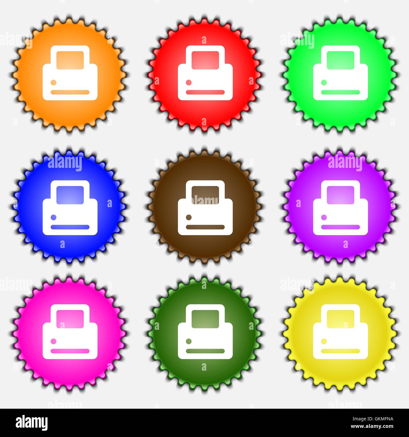 Printing icon sign. A set of nine different colored labels. Vector ...