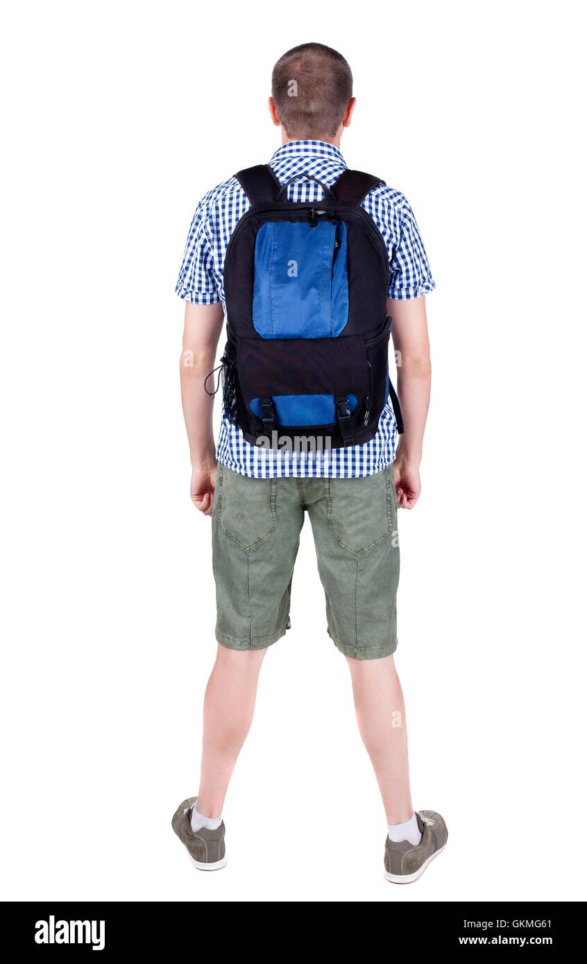 Back view of man with backpack looking up Stock Photo - Alamy