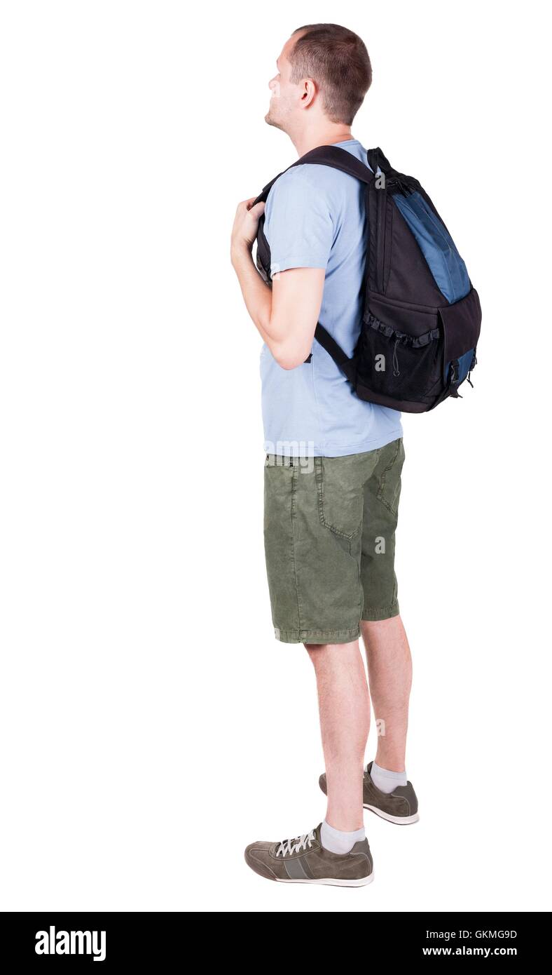Back view of man with backpack looking up Stock Photo - Alamy