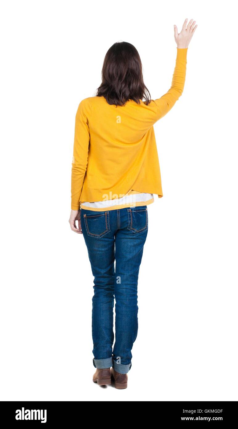 Back view of beautiful woman welcomes Stock Photo - Alamy