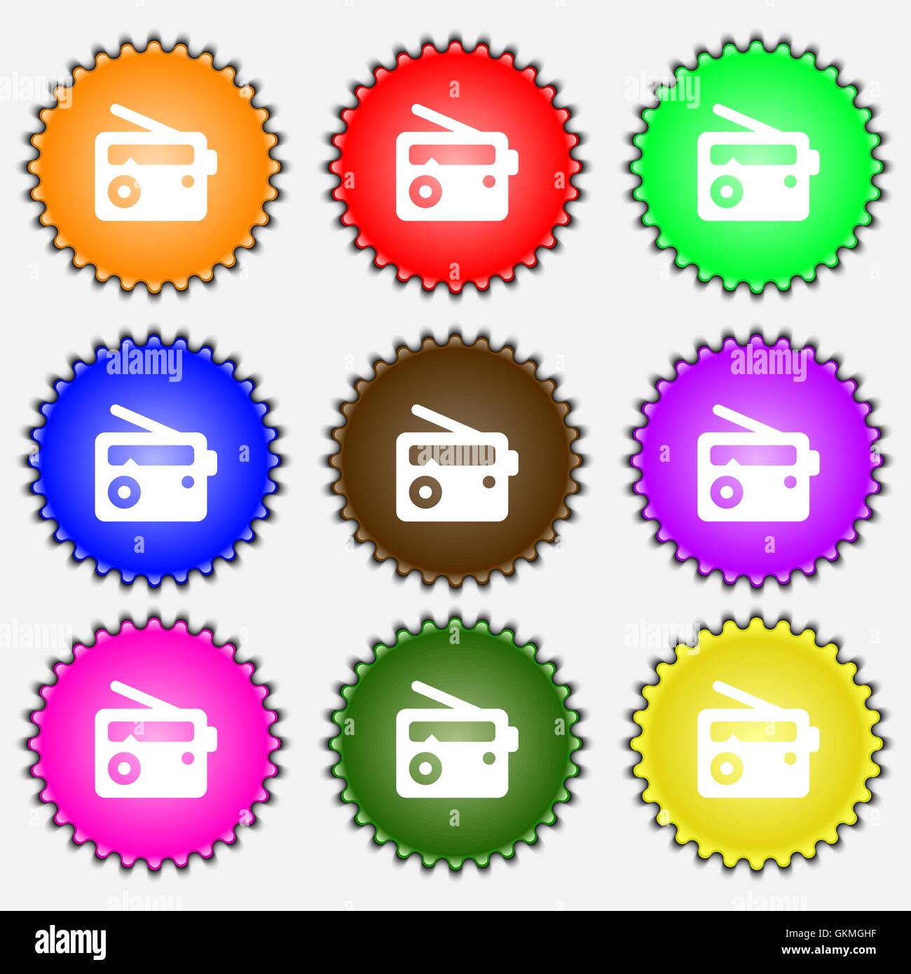 Retro Radio icon sign. A set of nine different colored labels. Vector ...
