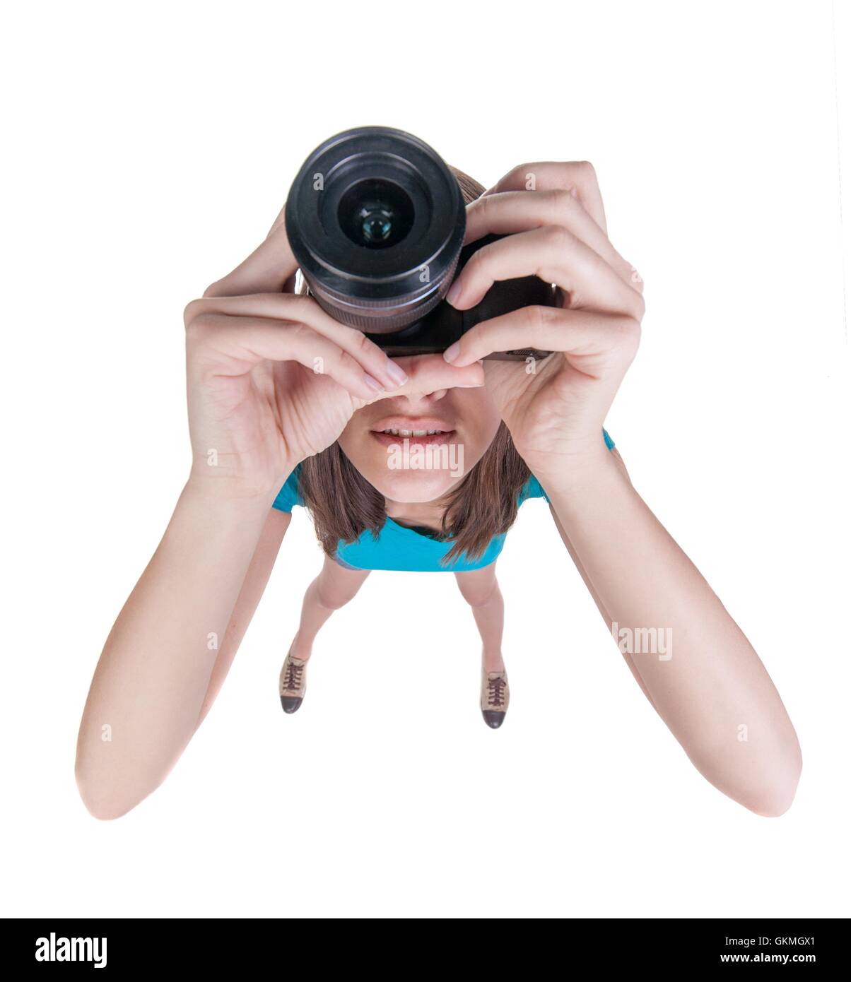 young woman in shorts photographed something compact camera Stock Photo ...