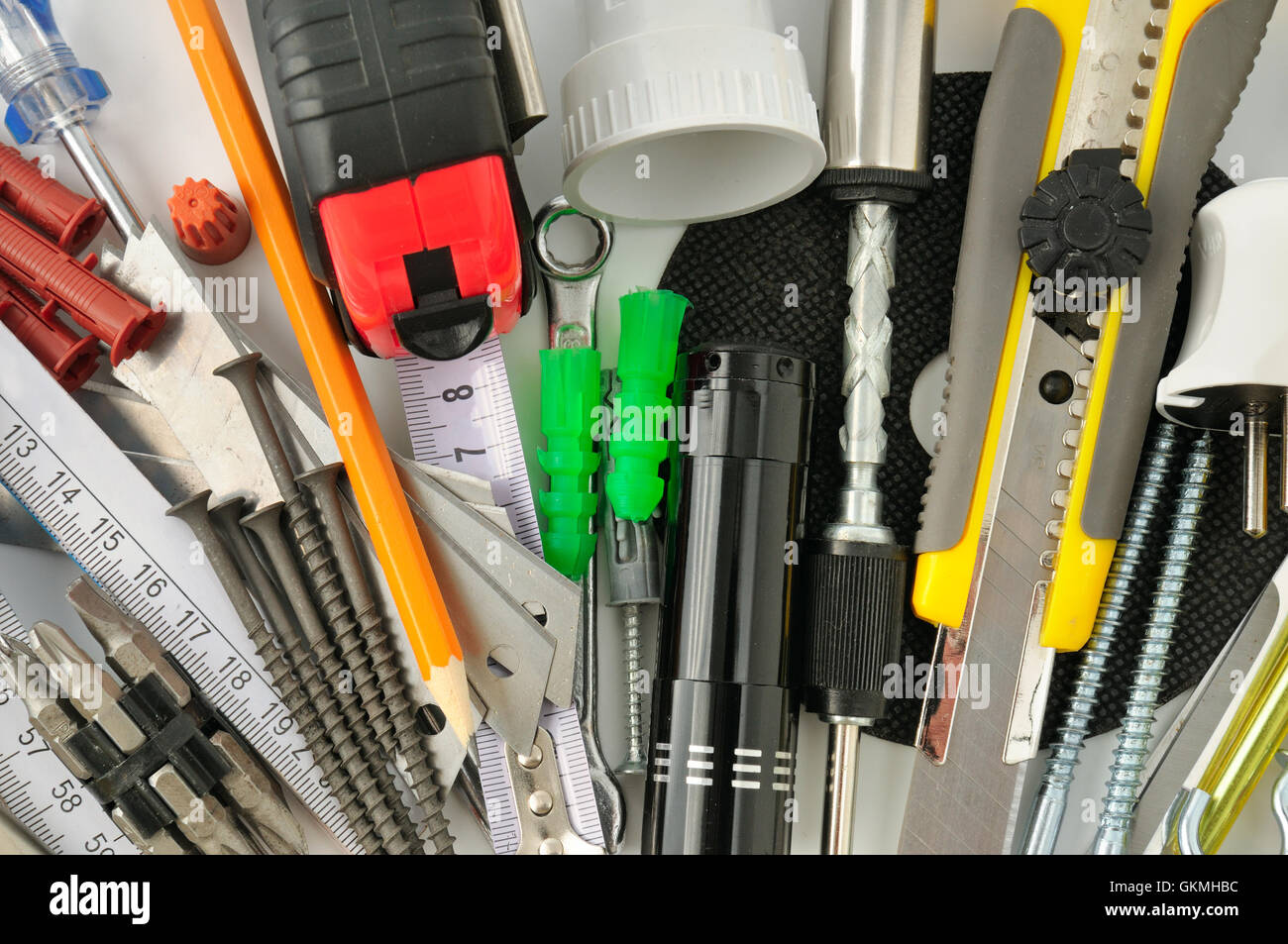 collection tools on white background Stock Photo - Alamy