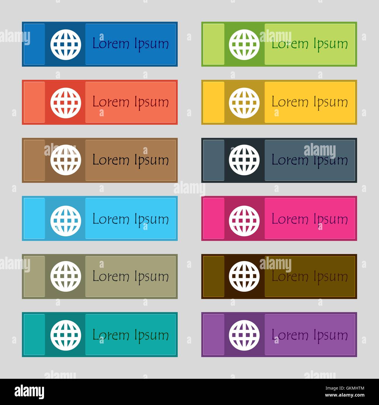 Globe, World map geography icon sign. Set of twelve rectangular ...