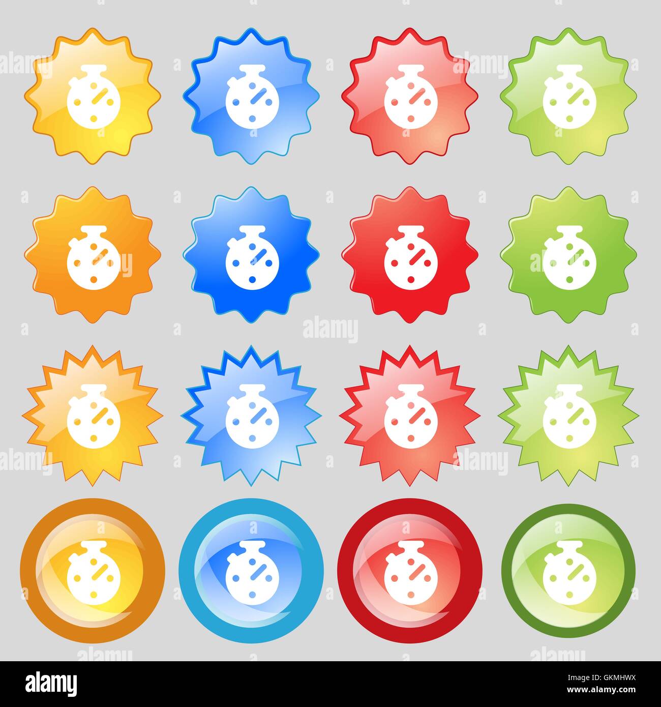 Timer, stopwatch icon sign. Set from sixteen multi-colored glass ...