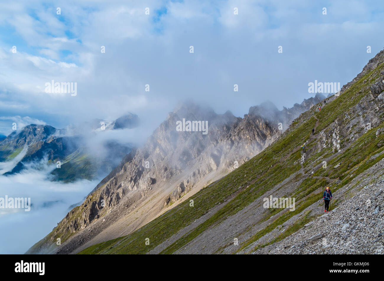 Female hiking in the beautiful mountains of Lechtal Alps, Austria Stock ...