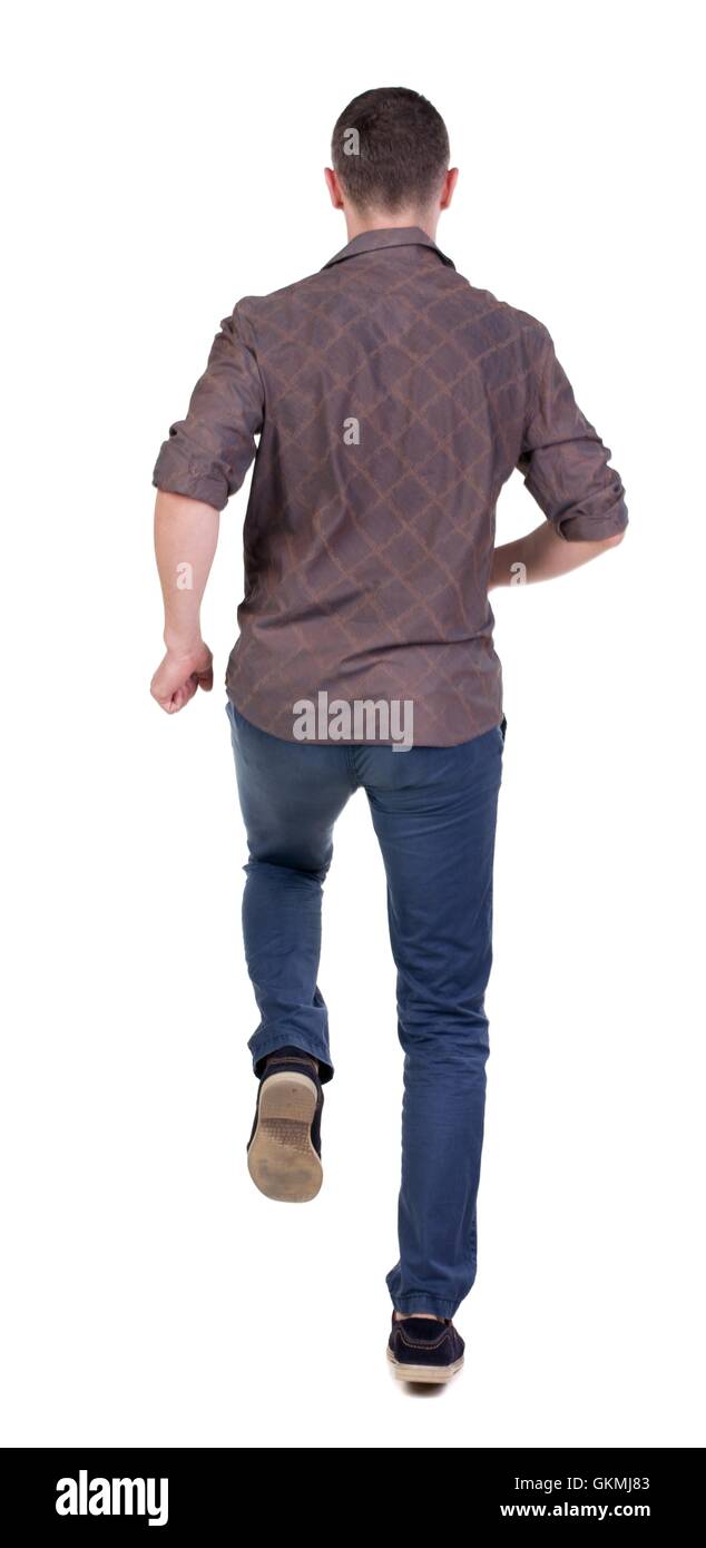 Back view of running man in brown shirt. Walking guy in motion. Rear ...