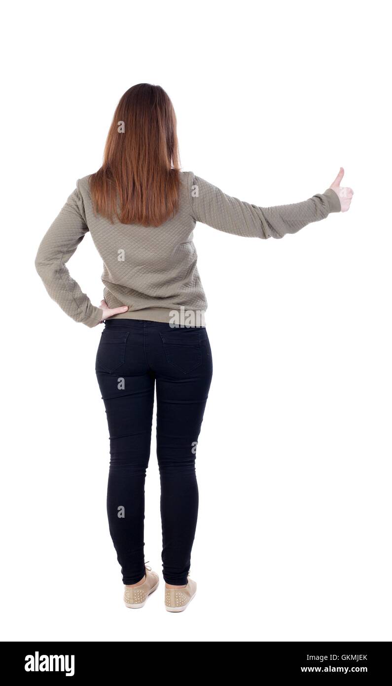 Back view of woman thumbs up. Rear view people collection. backside ...