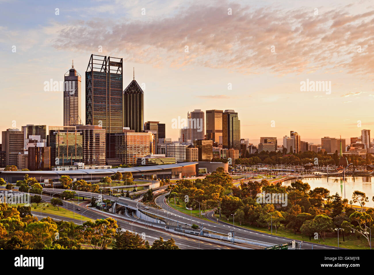 Westerna Australia capital city Perth at sunrise during golden hour ...