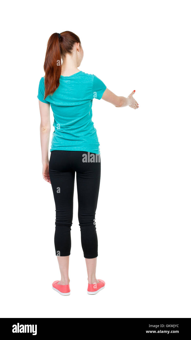 back view of woman shake hands. Rear view people collection. backside ...