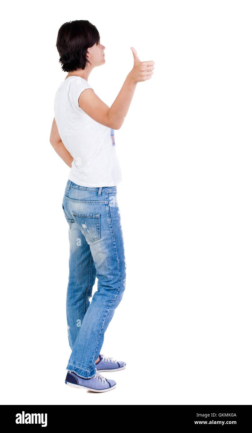 Back view of woman thumbs up. Rear view people collection. backside ...