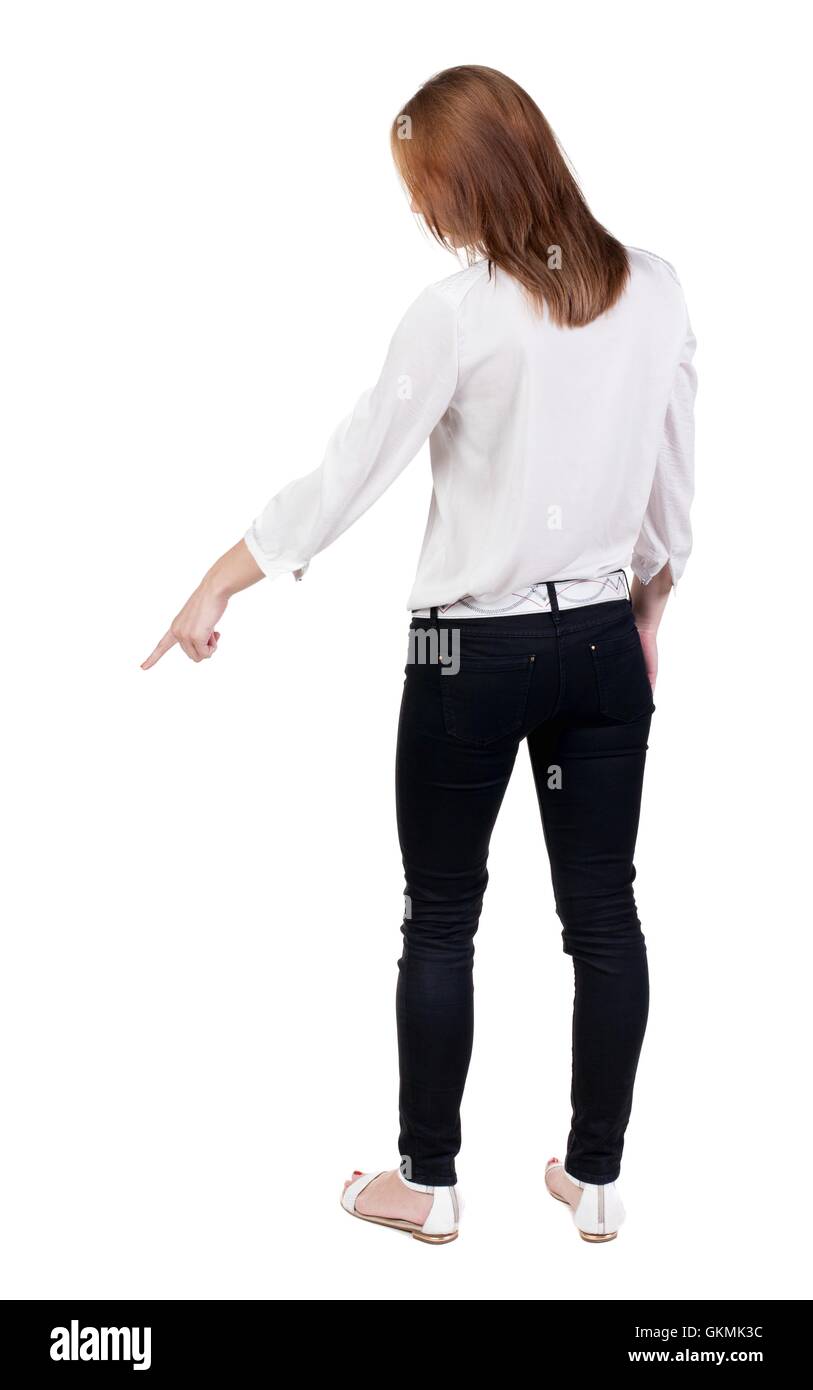 Back view of pointing woman. beautiful blonde girl. Rear view people ...