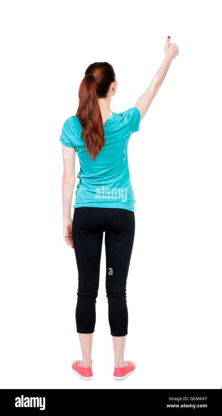 Back view of woman thumbs up. Rear view people collection. backside ...