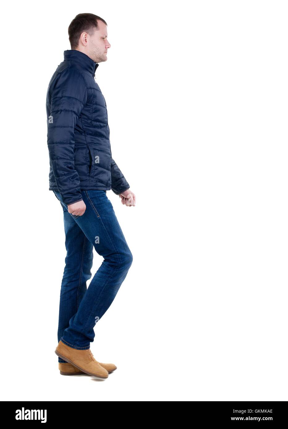 Back view of going handsome man in jeans and jacket. walking young guy ...