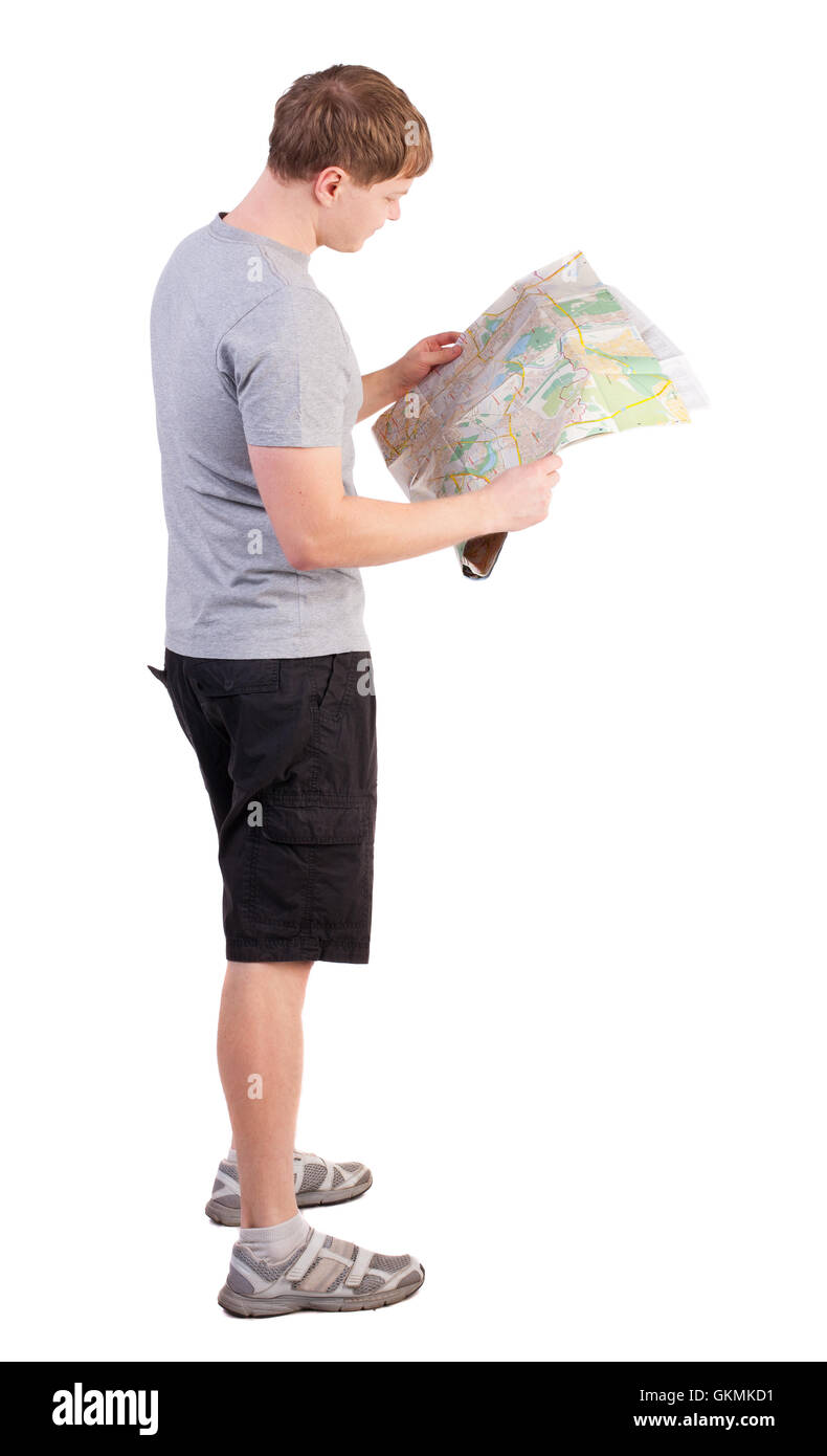 Back view of journey young man looking at the map. Rear view people ...