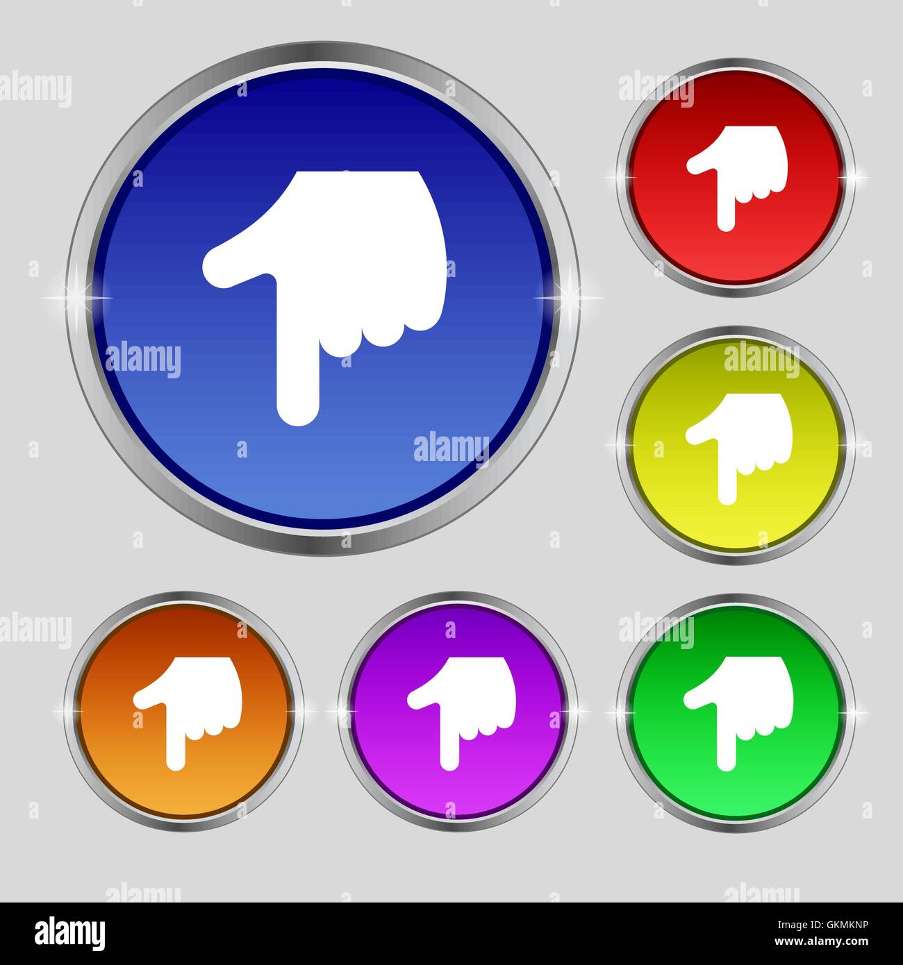 pointing hand icon sign. Round symbol on bright colourful buttons ...
