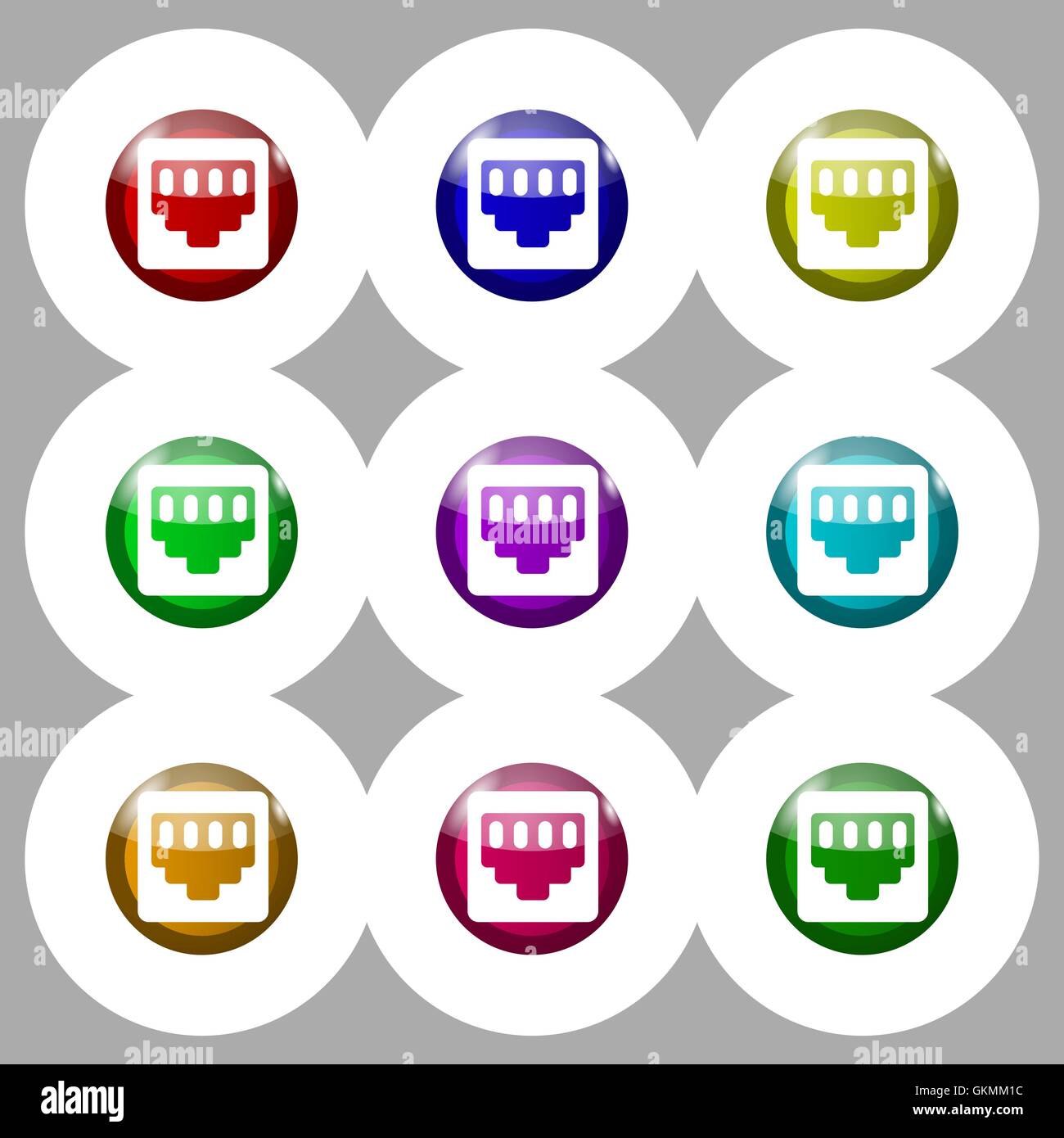 cable rj45, Patch Cord icon sign. symbol on nine round colourful ...