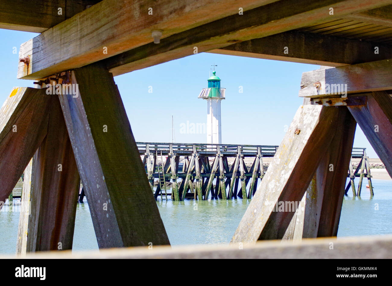 Lighthouse of Deauville seen from the other side of La Touques river ...