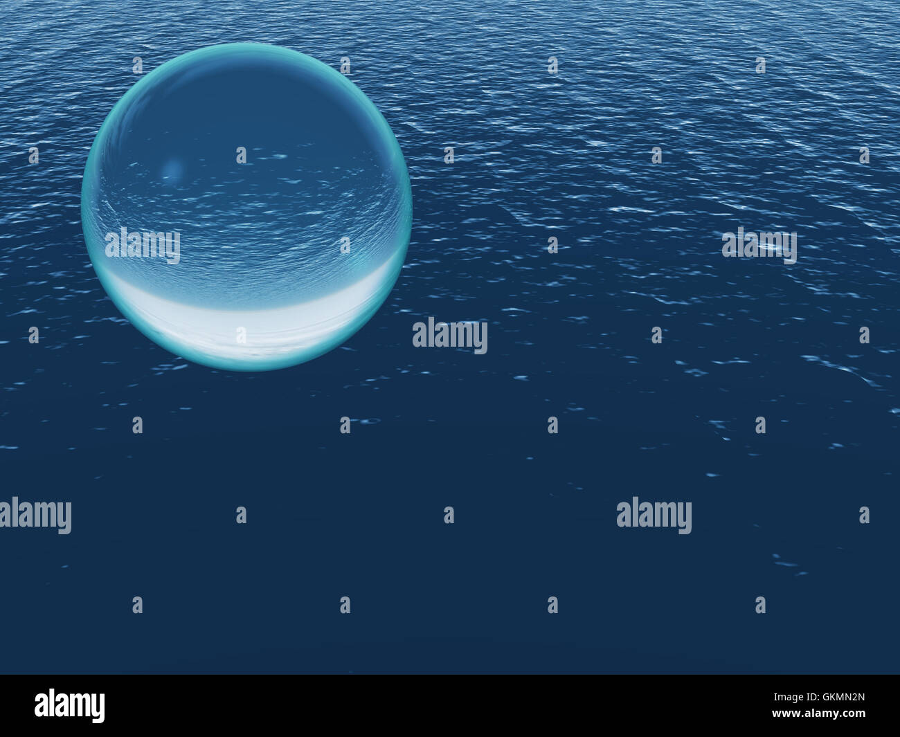 abstract liquid blue transparent ball with the specks of light and ...