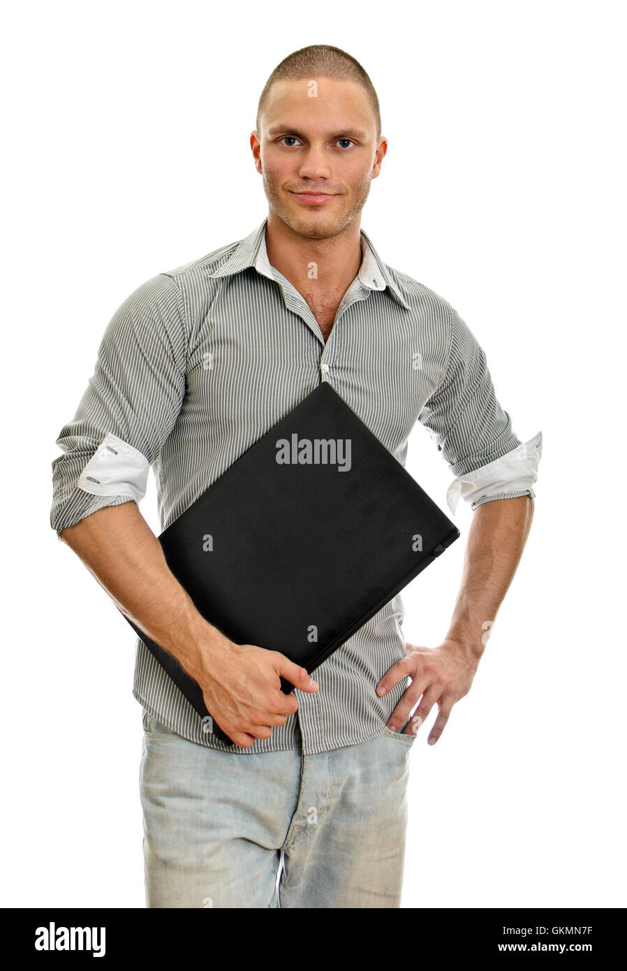Young man wih laptop. Isolated on white background Stock Photo - Alamy