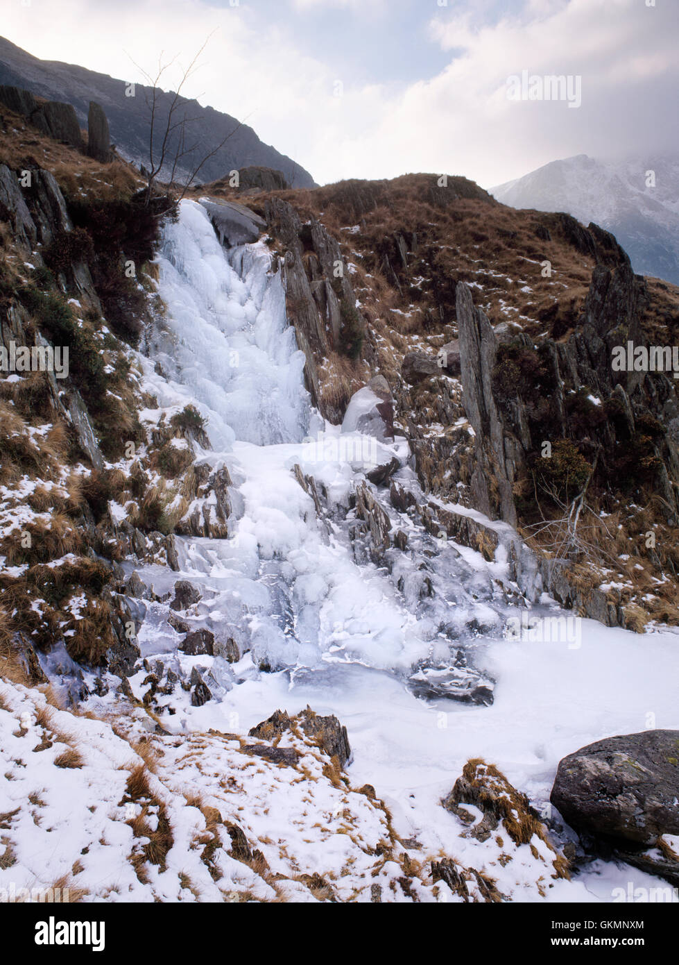 A partly frozen small waterfall and pool on a stream flowing down from ...