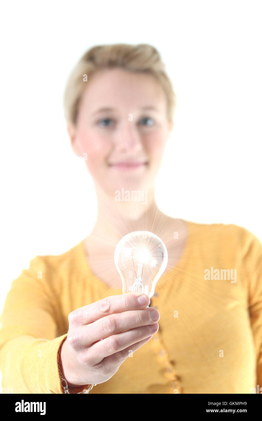 girl with glowing light bulb Stock Photo - Alamy