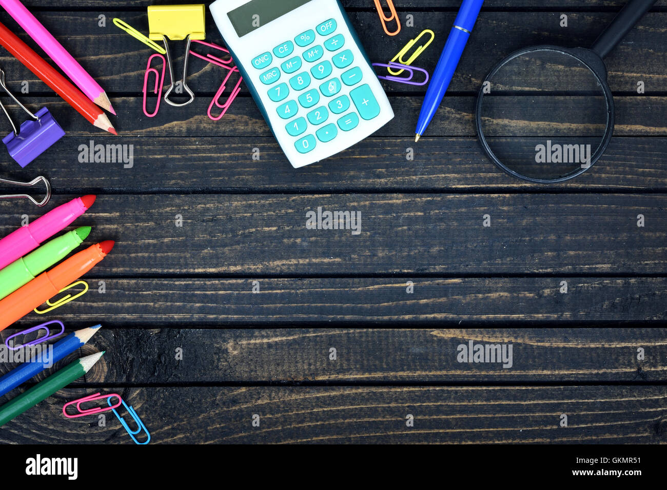 Office tools on wooden table Stock Photo - Alamy
