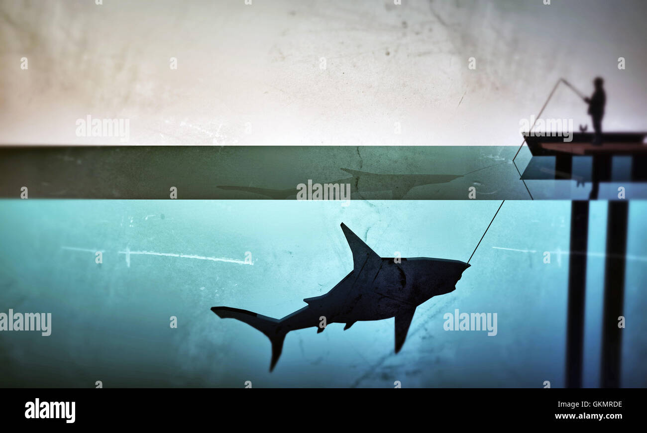 fisherman hunting a big shark Stock Photo - Alamy