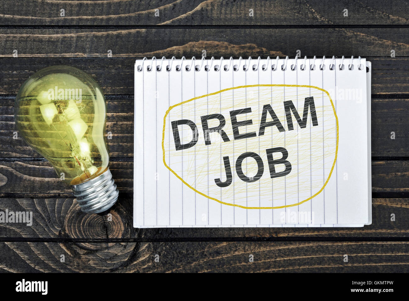Dream Job text on notepad and light bulb Stock Photo - Alamy