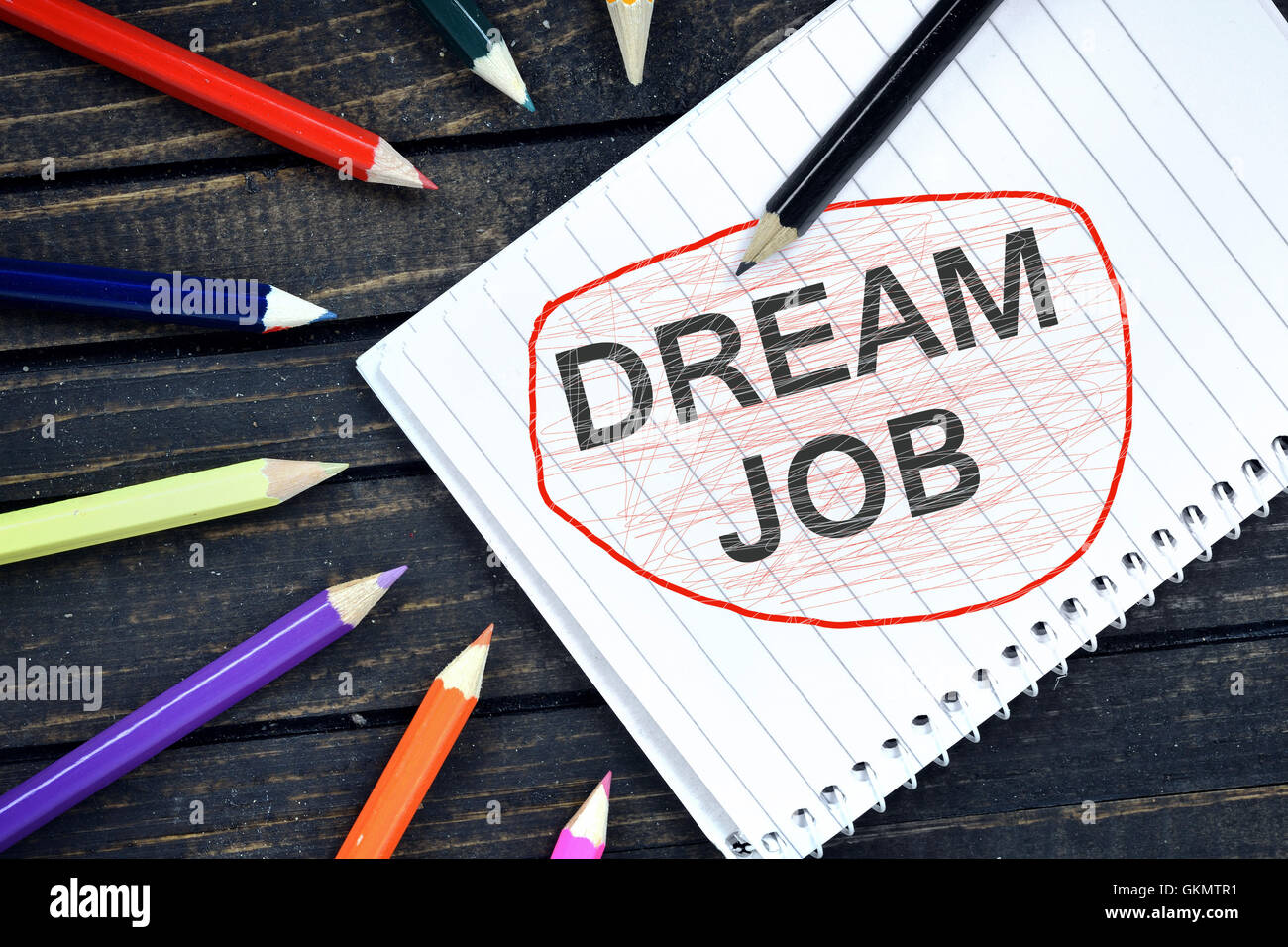 Dream Job text on notepad and colorful pencils Stock Photo - Alamy