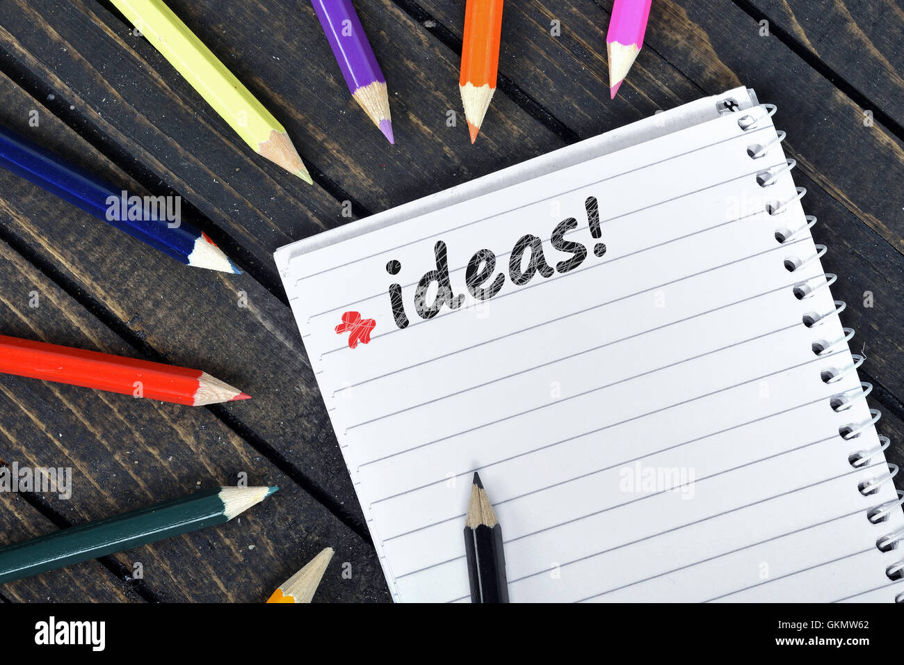 Ideas text on notepad and colorful pencils Stock Photo - Alamy