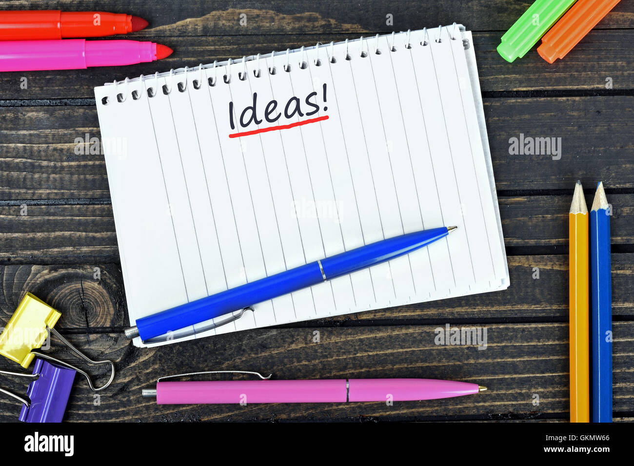 Ideas text on notepad and office tools on wooden table Stock Photo - Alamy