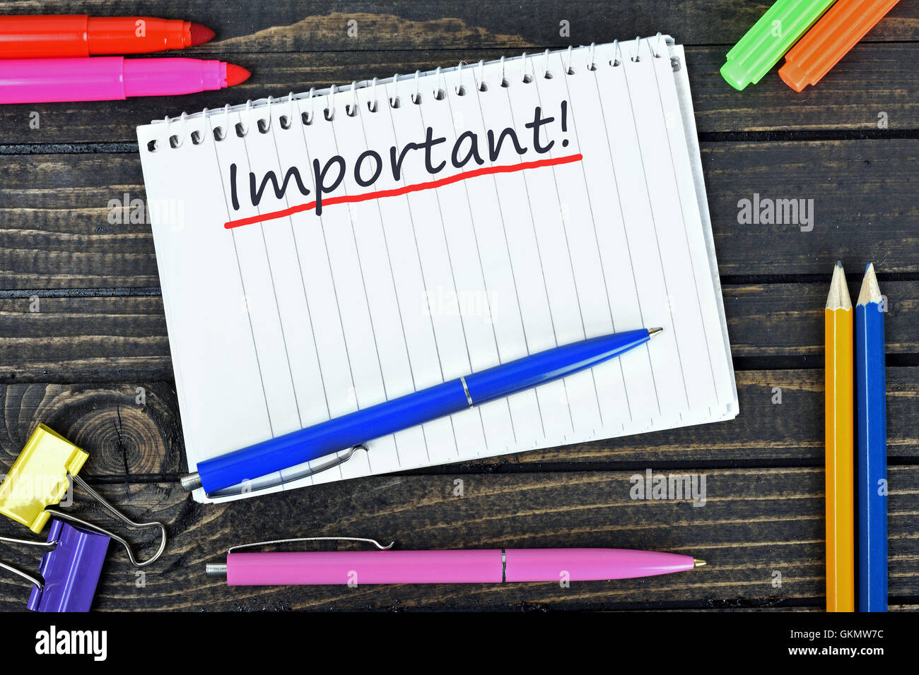 Important text on notepad and office tools on wooden table Stock Photo ...