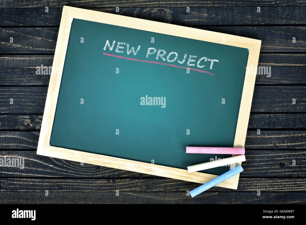 New project text on school board and chalk Stock Photo - Alamy