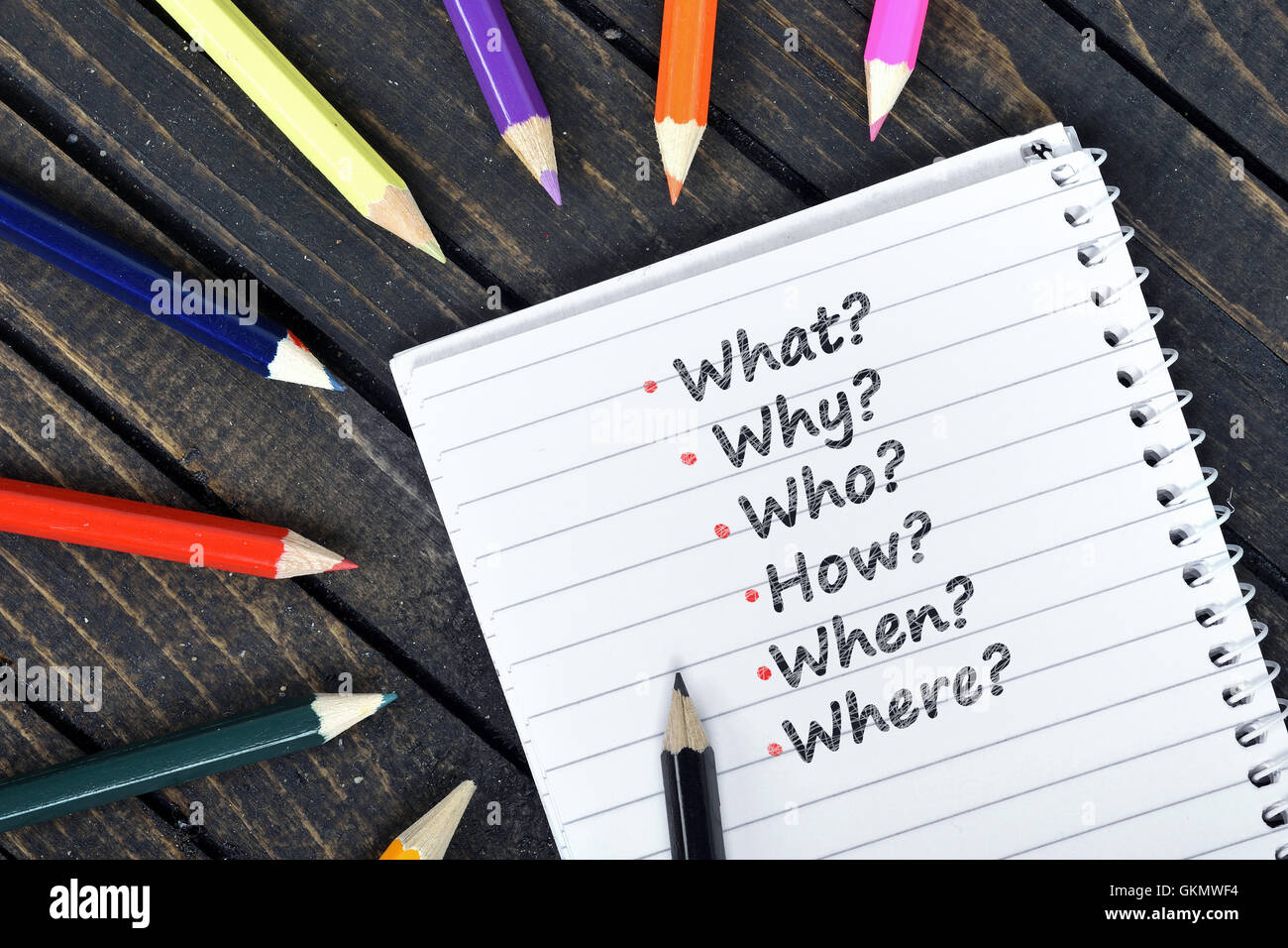 Questions text on notepad and colorful pencils Stock Photo - Alamy