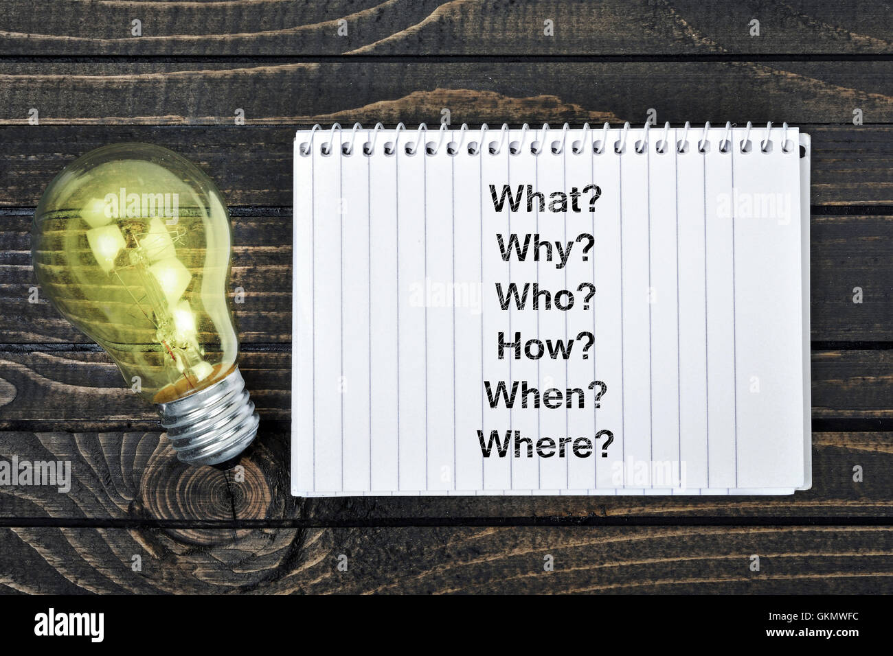 Questions text on notepad and light bulb Stock Photo - Alamy