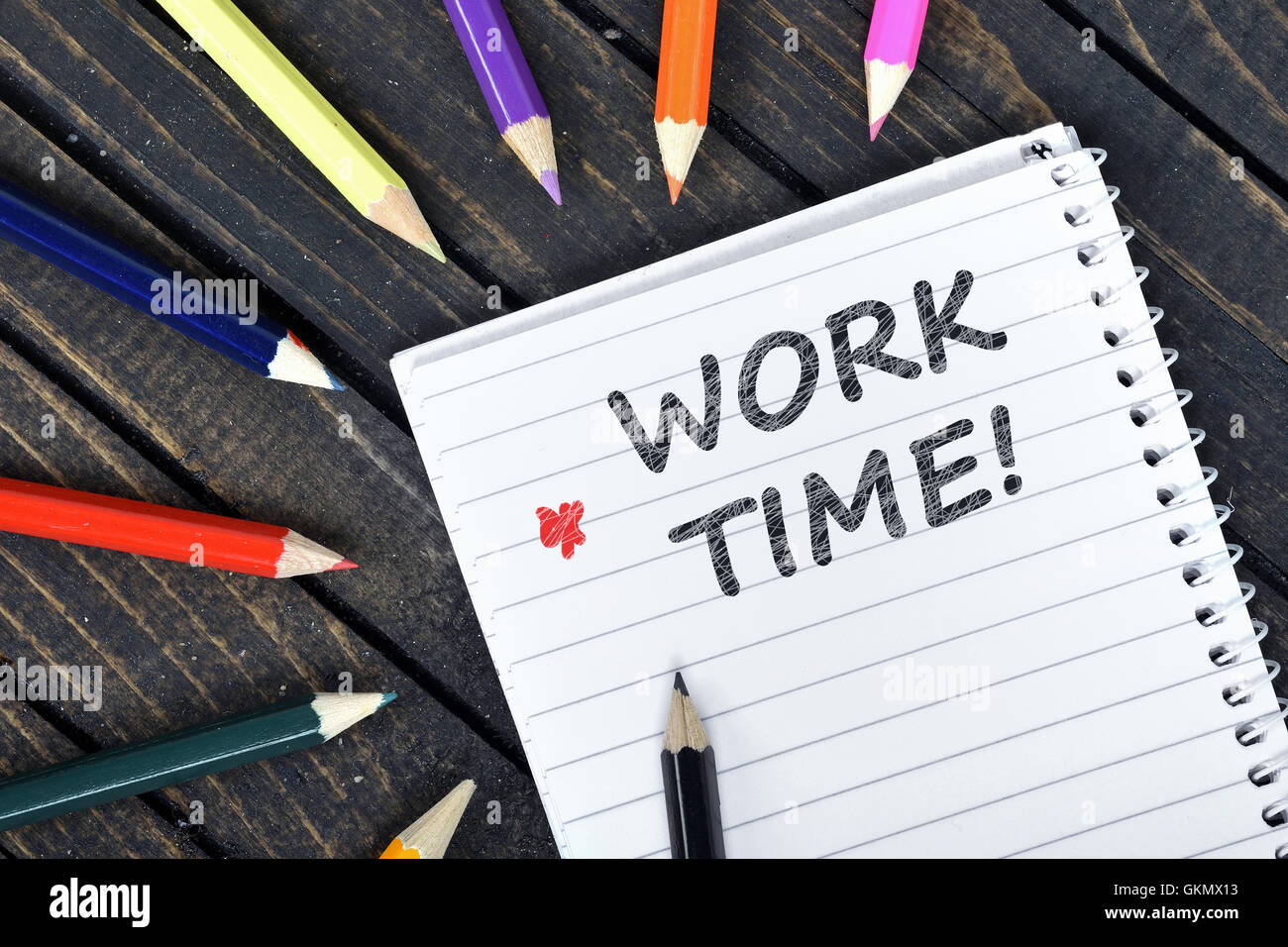 Work Time text on notepad and colorful pencils Stock Photo - Alamy