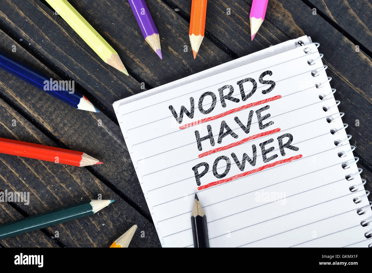 Words have power text on notepad and colorful pencils Stock Photo - Alamy