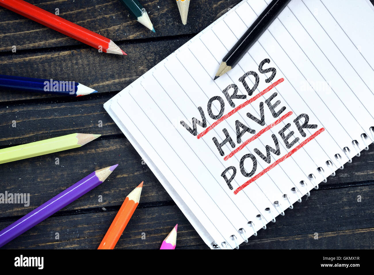 Words have power text on notepad and colorful pencils Stock Photo - Alamy