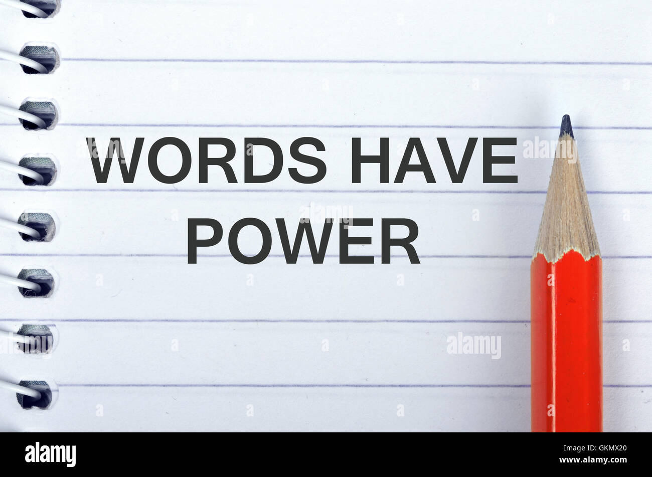 Words have power text on notepad and red pencil Stock Photo - Alamy