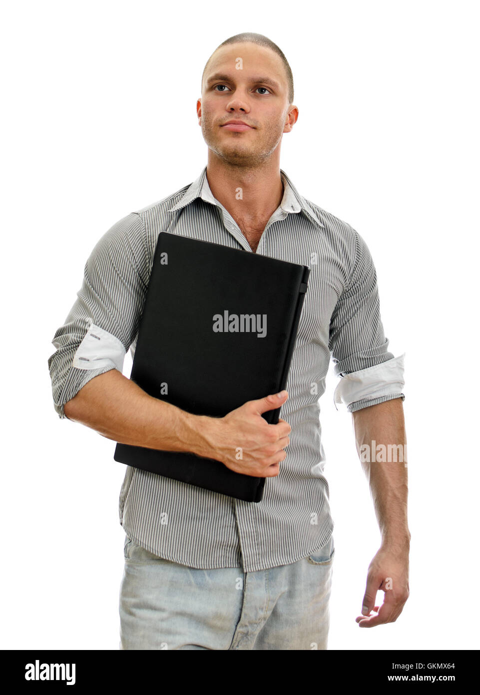 Young man wih laptop. Isolated on white background Stock Photo - Alamy